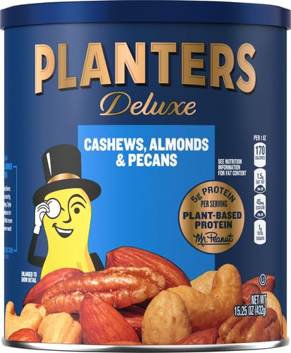 PLANTERS Deluxe Cashews, Almonds & Pecans, Party Snacks, Plant-Based Protein, 15.25 Oz Canister