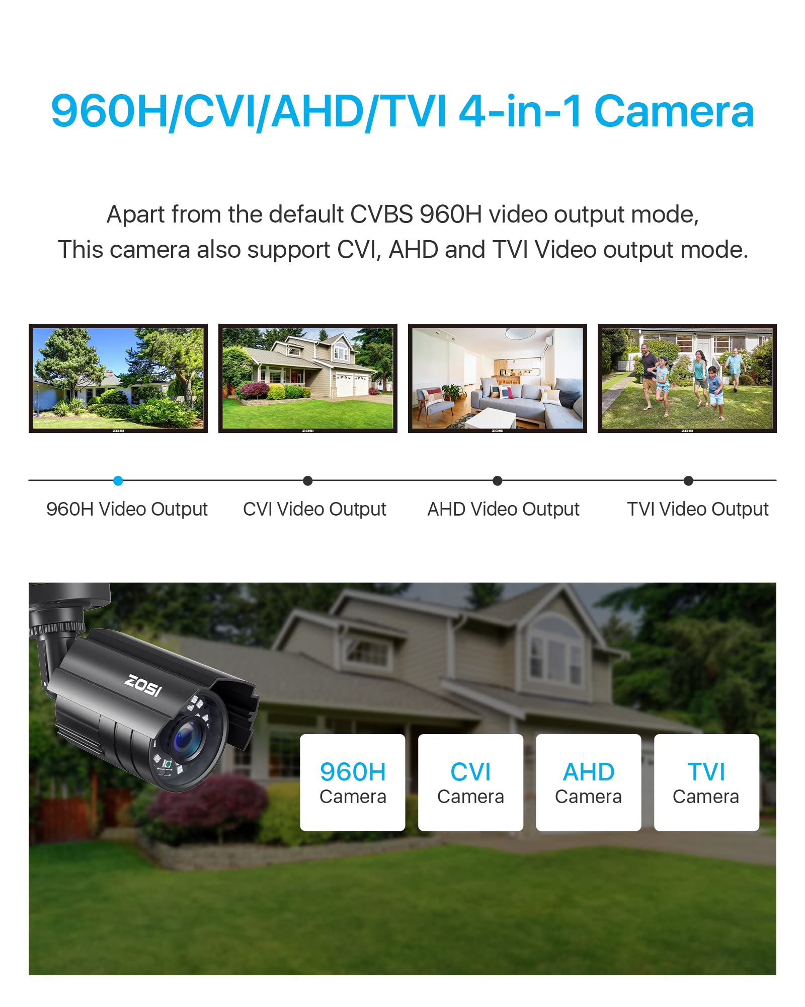 ZOSI 1080P CCTV Camera Indoor Outdoor Hybrid 4 in 1 HD TVI/CVI/AHD/CVBS Home Security Camera System,Night Vision,Metal Waterproof Housing For 960H,720P,1080P,5MP,4K analog Surveillance DVR