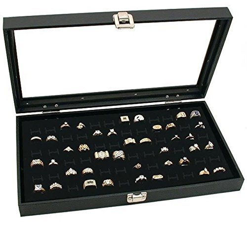 Novel Box Glass Top Black Jewelry Display Case Black 72 Ring Cufflinks Slot Compartment Ring Tray Insert