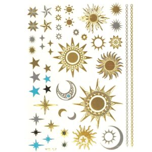 allydrew large metallic gold silver and black body art temporary tattoos, sun, moon, stars