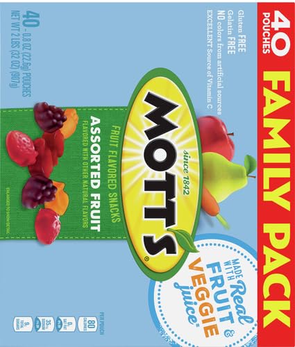 Mott's Fruit Flavored Snacks, Assorted Fruit, Pouches, 0.8 oz, 40 ct