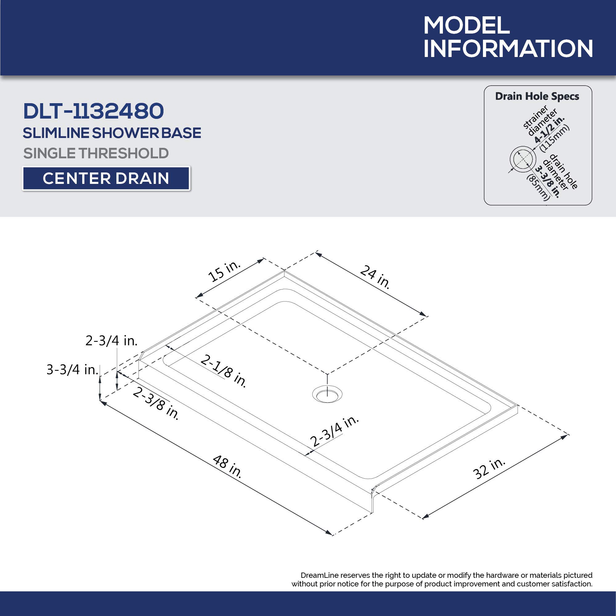 DreamLine SlimLine 32 in. D x 48 in. W x 2 3/4 in. H Center Drain Single Threshold Shower Base in White, DLT-1132480