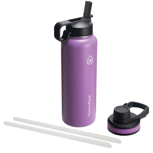 ThermoFlask 40 oz Double Wall Vacuum Insulated Stainless Steel Water Bottle with Two Lids, Plum