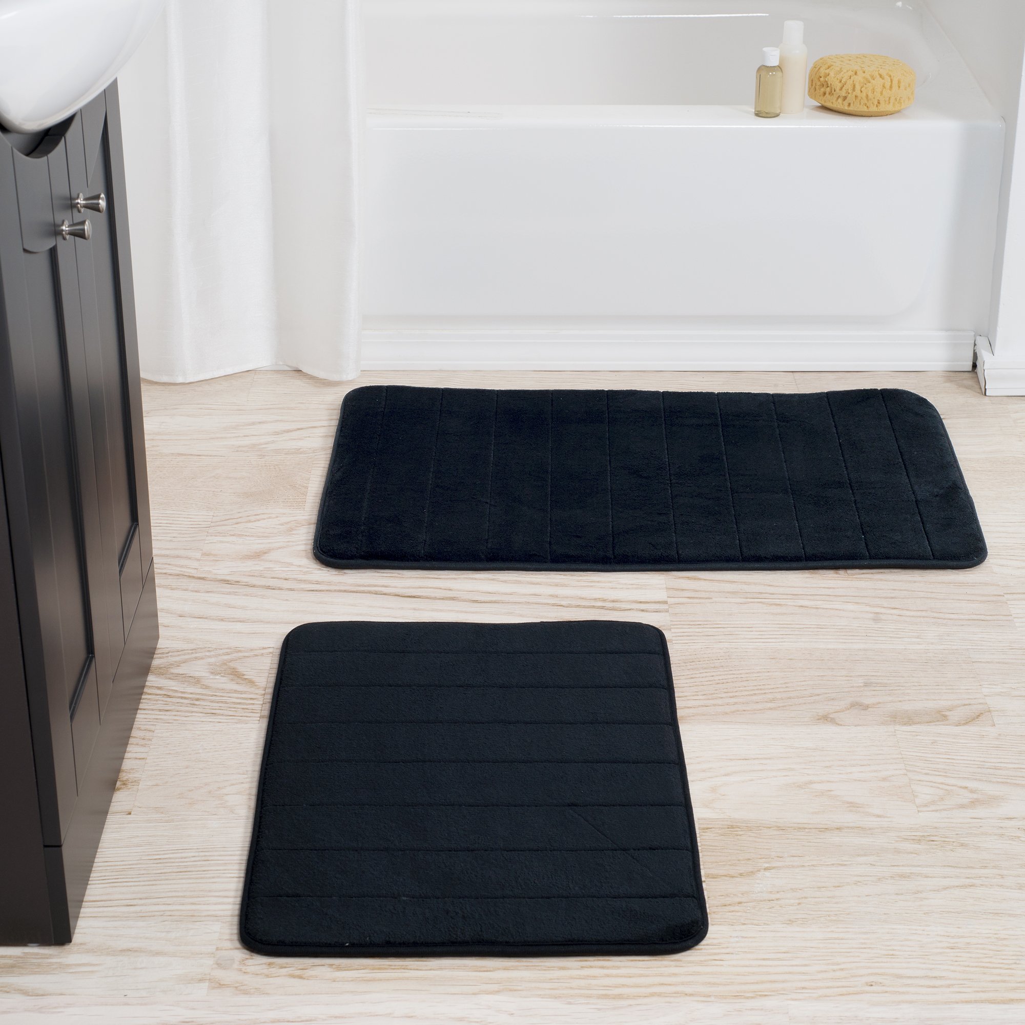 Lavish Home Bathroom Rug Set-2-Piece Memory Foam Bathmats-Striped Microfiber Top-Non-Slip Absorbent Runner for Shower, Tub, Sink or Kitchen (Black)