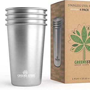 #1 Premium Stainless Steel Cups 16 oz/ 475ml Pint Cup Tumbler (4 Pack) by Greens Steel - Premium Metal Cups - Stackable Durable Cup