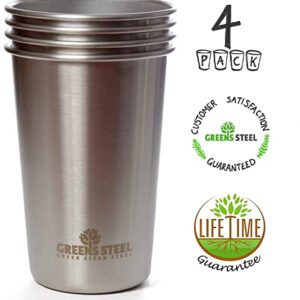 #1 Premium Stainless Steel Cups 16 oz/ 475ml Pint Cup Tumbler (4 Pack) by Greens Steel - Premium Metal Cups - Stackable Durable Cup