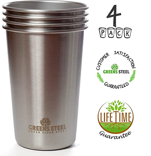 #1 Premium Stainless Steel Cups 16 oz/ 475ml Pint Cup Tumbler (4 Pack) by Greens Steel - Premium Metal Cups - Stackable Durable Cup