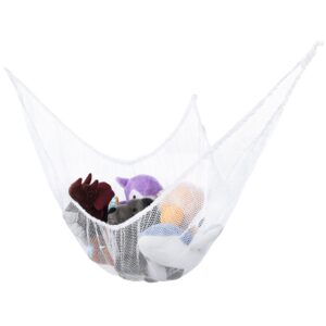 stuffed animal hammock toy storage: hanging net corner wall organizer for storing plush toys, pool toys, sports gear, baby toys, bedding and bath towels - jumbo 6’ mesh child safe corner storage net