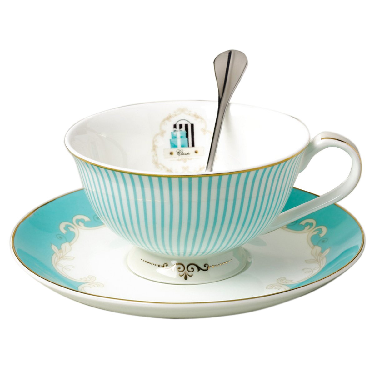 Jusalpha® Vintage Blue Bone China Teacup Coffee Cup Spoon and Saucer Set (FL-TCS01)