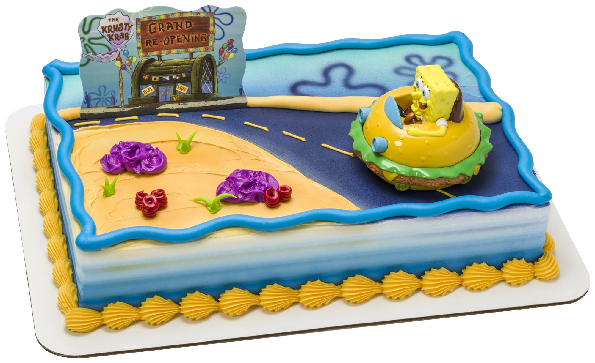 DecoSet® SpongeBob Square Pants Krabby Patty Cake Topper, 2-Piece Birthday Party Set with Rolling Car Figure for Fun After the Party, 3"H x 4.25"W