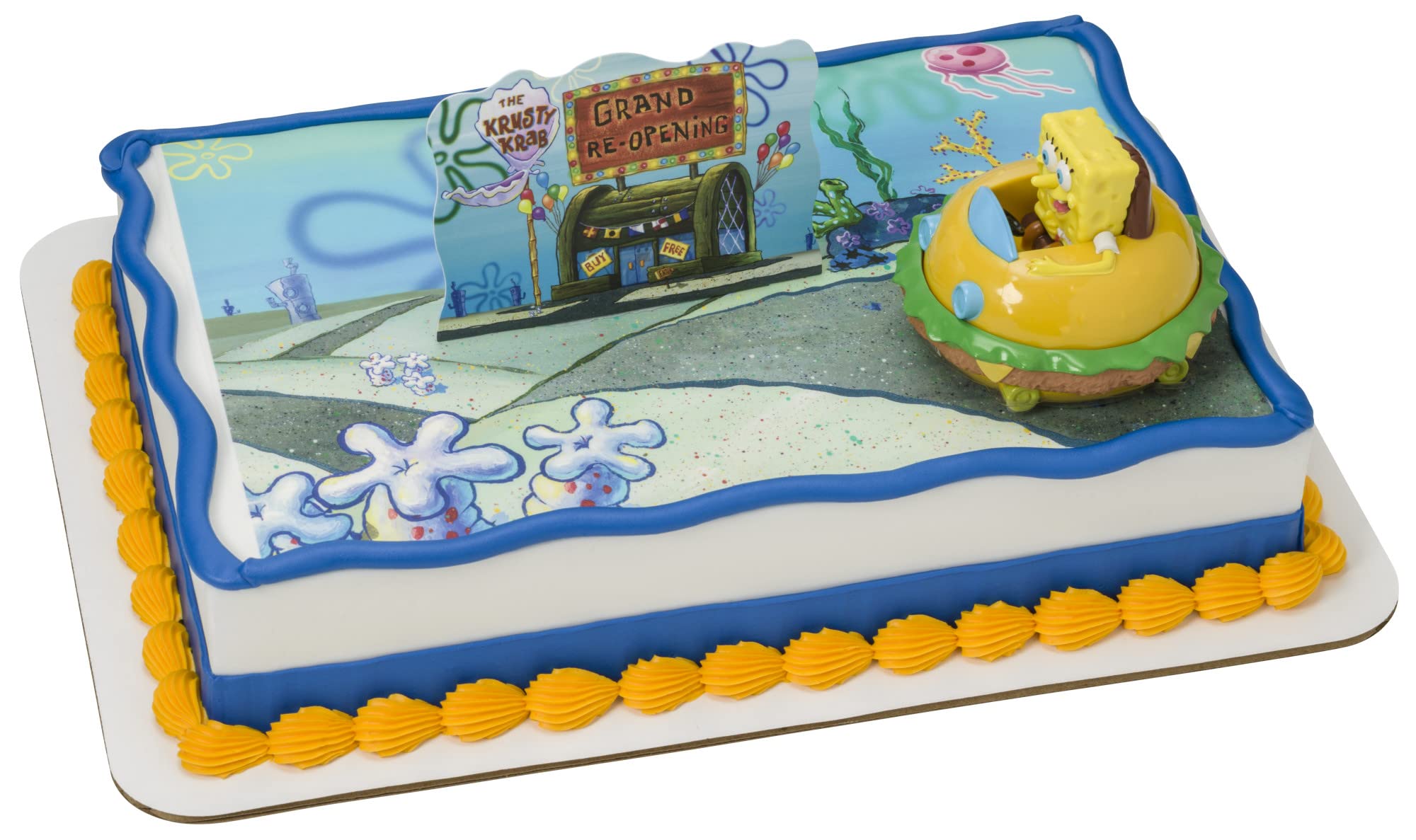 DecoSet® SpongeBob Square Pants Krabby Patty Cake Topper, 2-Piece Birthday Party Set with Rolling Car Figure for Fun After the Party, 3"H x 4.25"W