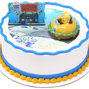 DecoSet® SpongeBob Square Pants Krabby Patty Cake Topper, 2-Piece Birthday Party Set with Rolling Car Figure for Fun After the Party, 3"H x 4.25"W