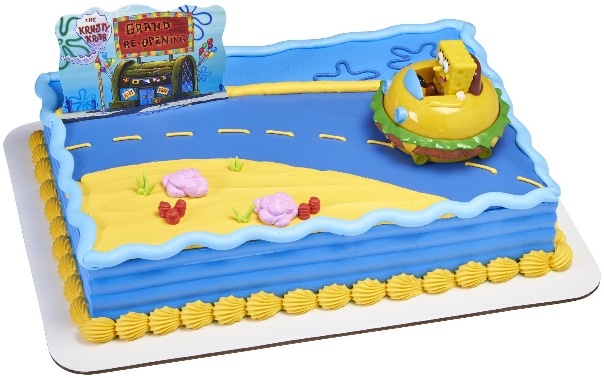 DecoSet® SpongeBob Square Pants Krabby Patty Cake Topper, 2-Piece Birthday Party Set with Rolling Car Figure for Fun After the Party, 3"H x 4.25"W