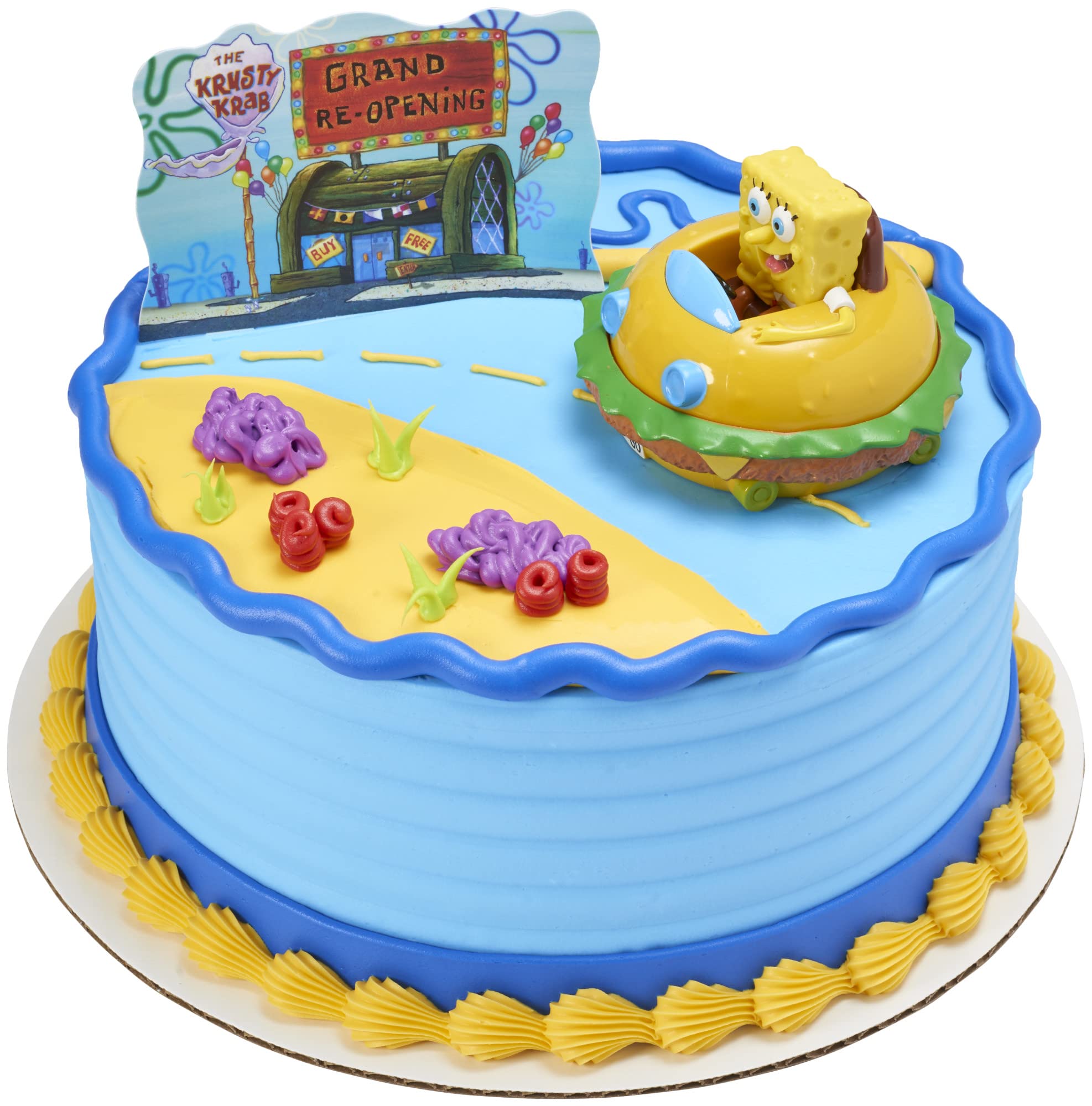 DecoSet® SpongeBob Square Pants Krabby Patty Cake Topper, 2-Piece Birthday Party Set with Rolling Car Figure for Fun After the Party, 3"H x 4.25"W