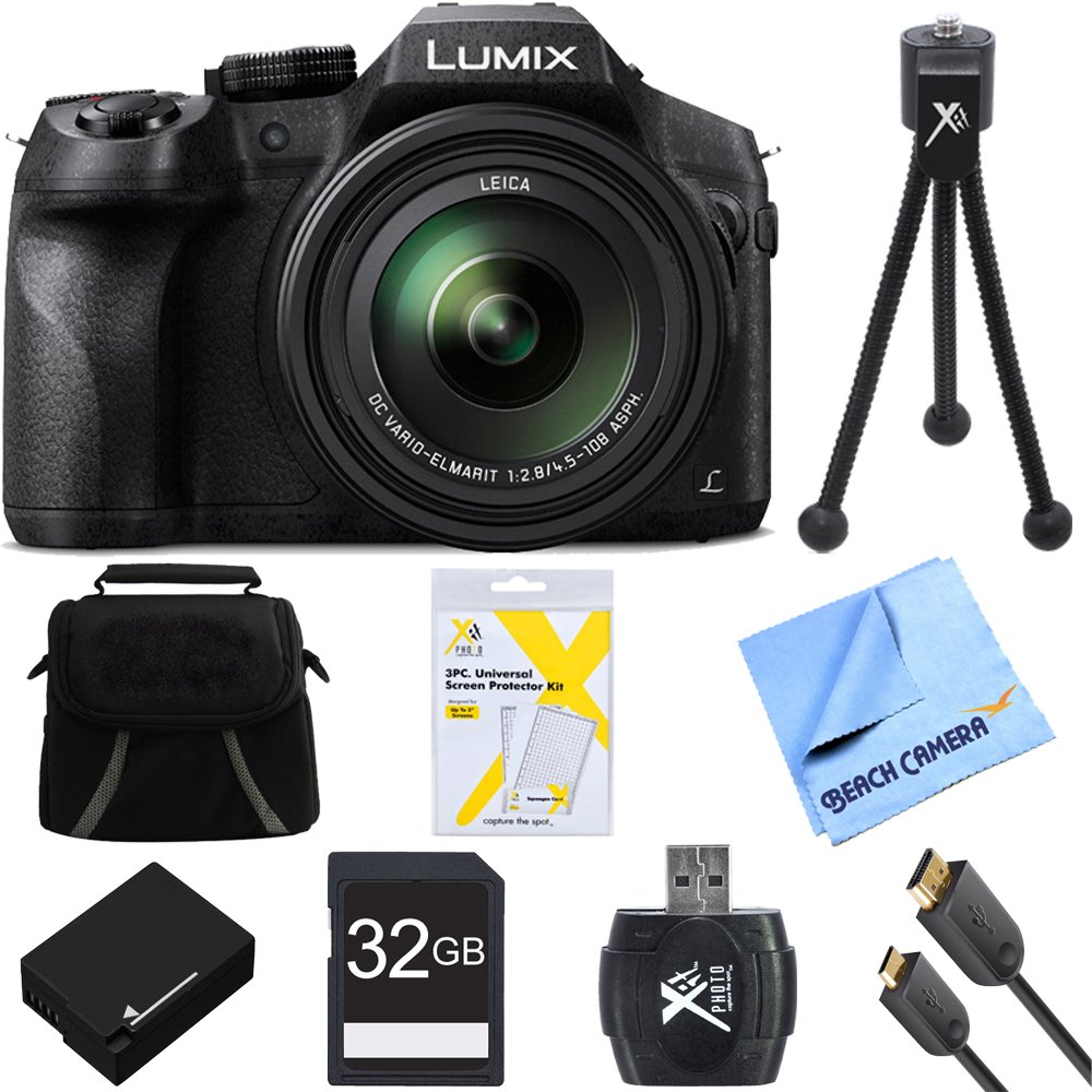 Panasonic DMC-FZ300K LUMIX FZ300 4K 24X F2.8 Long Zoom Digital Camera Deluxe Bundle includes DMC-FZ300K LUMIX FZ300 4K Digital Camera, Bag, 32GB Memory Card, Battery, Beach Camera Microfiber Cloth, 6 Foot HDMI Cable, Card Reader, Mini Tripod and Screen Pr