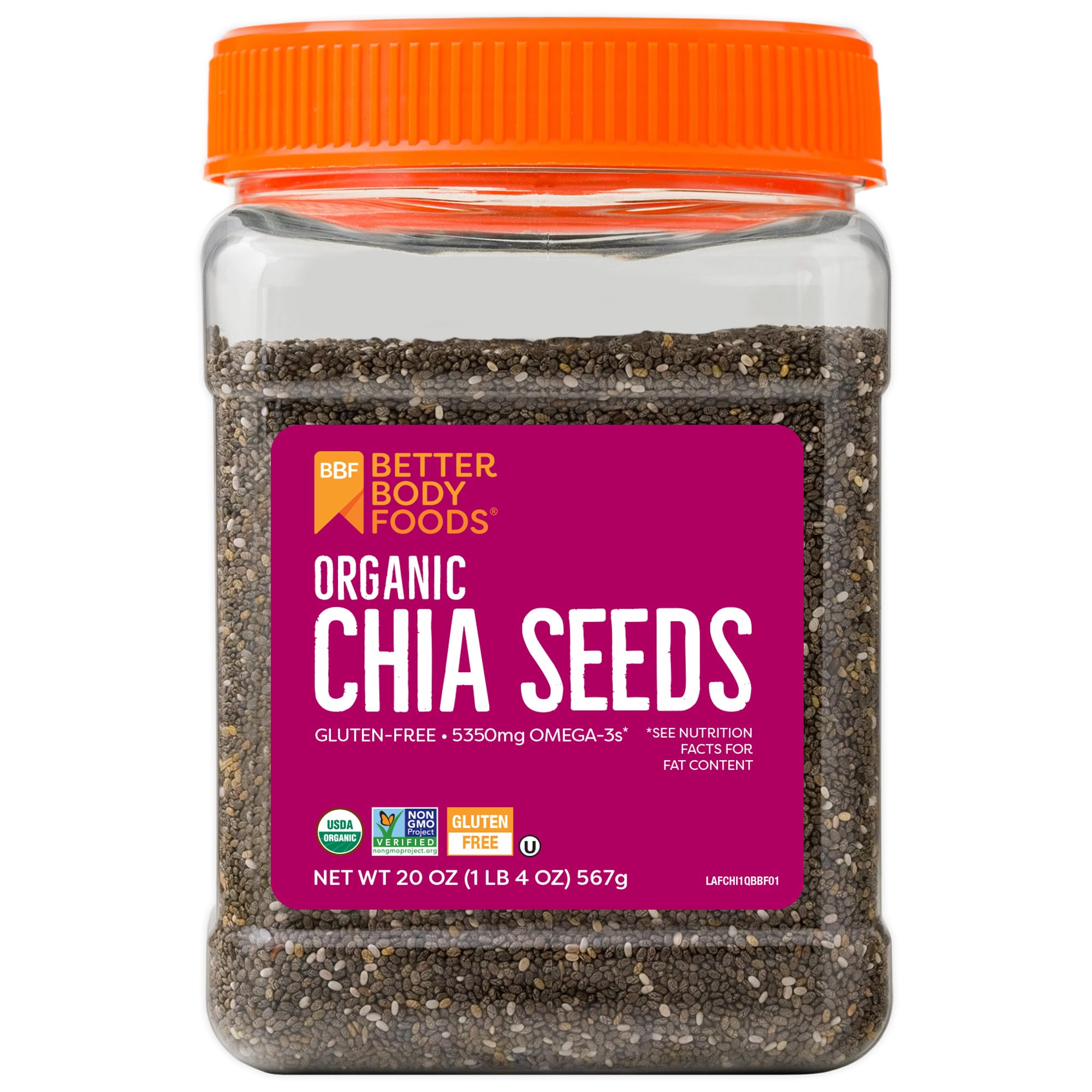 BetterBody Foods Organic Chia Seeds 1.25 lbs, 20 oz, with Omega-3, Non-GMO, Gluten Free, Keto Diet Friendly, Vegan, Good Source of Fiber, Add to Smoothies