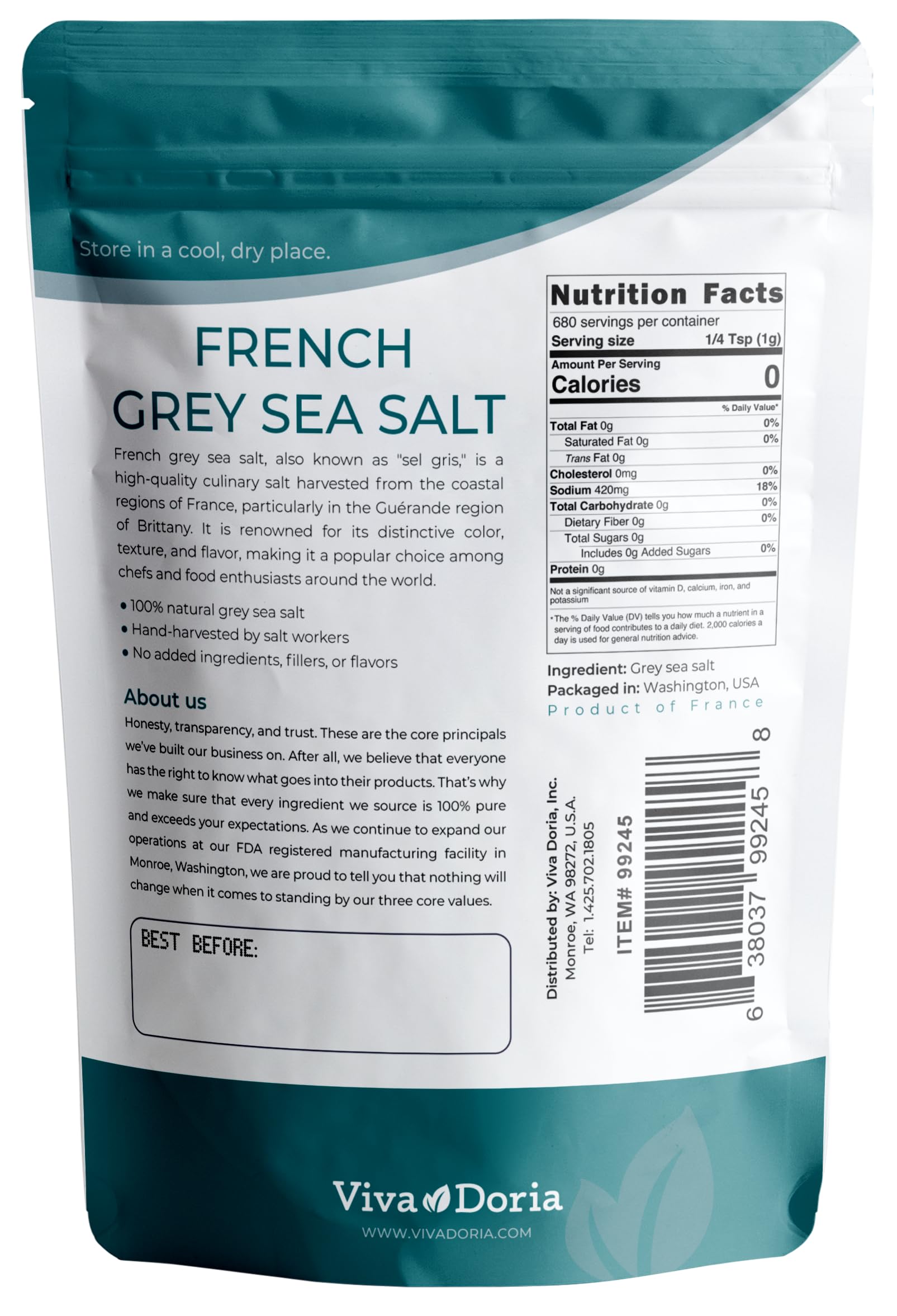 Viva Doria Sel Gris French Light Grey Sea Salt, 1.5 lb (24 oz)