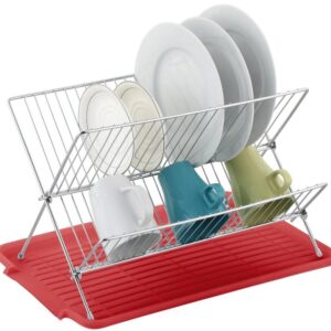 J&V TEXTILES Foldable Dish Drying Rack with Drainboard, Stainless Steel 2 Tier Dish Drainer Rack, Collapsible Dish Drainer, Folding Dish Rack for Kitchen Sink, Countertop, Cutlery, Plates (Red)