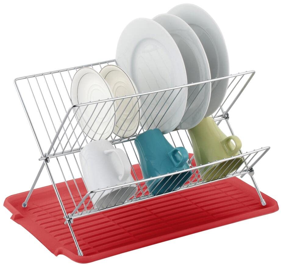 J&V TEXTILES Foldable Dish Drying Rack with Drainboard, Stainless Steel 2 Tier Dish Drainer Rack, Collapsible Dish Drainer, Folding Dish Rack for Kitchen Sink, Countertop, Cutlery, Plates (Red)