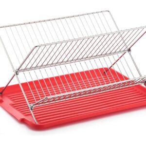 J&V TEXTILES Foldable Dish Drying Rack with Drainboard, Stainless Steel 2 Tier Dish Drainer Rack, Collapsible Dish Drainer, Folding Dish Rack for Kitchen Sink, Countertop, Cutlery, Plates (Red)