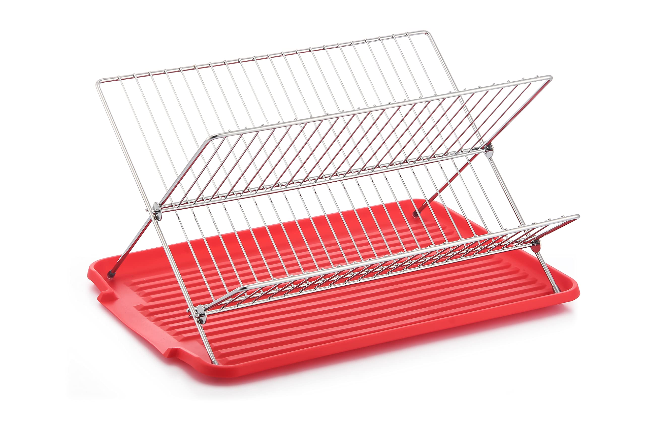 J&V TEXTILES Foldable Dish Drying Rack with Drainboard, Stainless Steel 2 Tier Dish Drainer Rack, Collapsible Dish Drainer, Folding Dish Rack for Kitchen Sink, Countertop, Cutlery, Plates (Red)