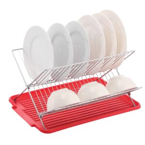 J&V TEXTILES Foldable Dish Drying Rack with Drainboard, Stainless Steel 2 Tier Dish Drainer Rack, Collapsible Dish Drainer, Folding Dish Rack for Kitchen Sink, Countertop, Cutlery, Plates (Red)