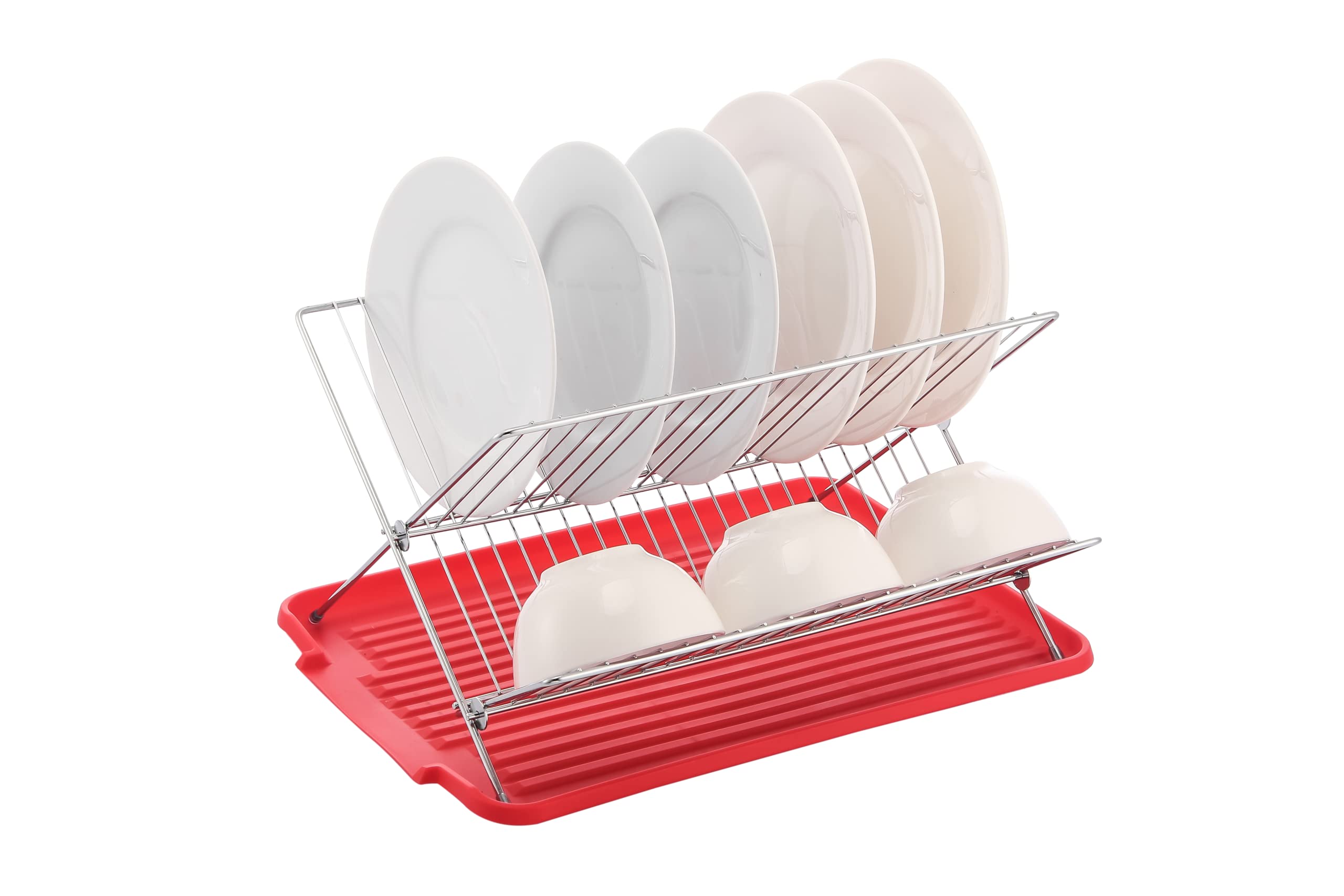 J&V TEXTILES Foldable Dish Drying Rack with Drainboard, Stainless Steel 2 Tier Dish Drainer Rack, Collapsible Dish Drainer, Folding Dish Rack for Kitchen Sink, Countertop, Cutlery, Plates (Red)