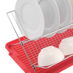 J&V TEXTILES Foldable Dish Drying Rack with Drainboard, Stainless Steel 2 Tier Dish Drainer Rack, Collapsible Dish Drainer, Folding Dish Rack for Kitchen Sink, Countertop, Cutlery, Plates (Red)