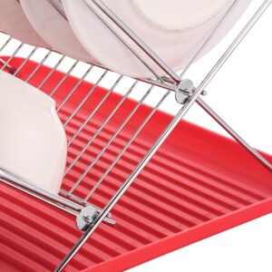 J&V TEXTILES Foldable Dish Drying Rack with Drainboard, Stainless Steel 2 Tier Dish Drainer Rack, Collapsible Dish Drainer, Folding Dish Rack for Kitchen Sink, Countertop, Cutlery, Plates (Red)