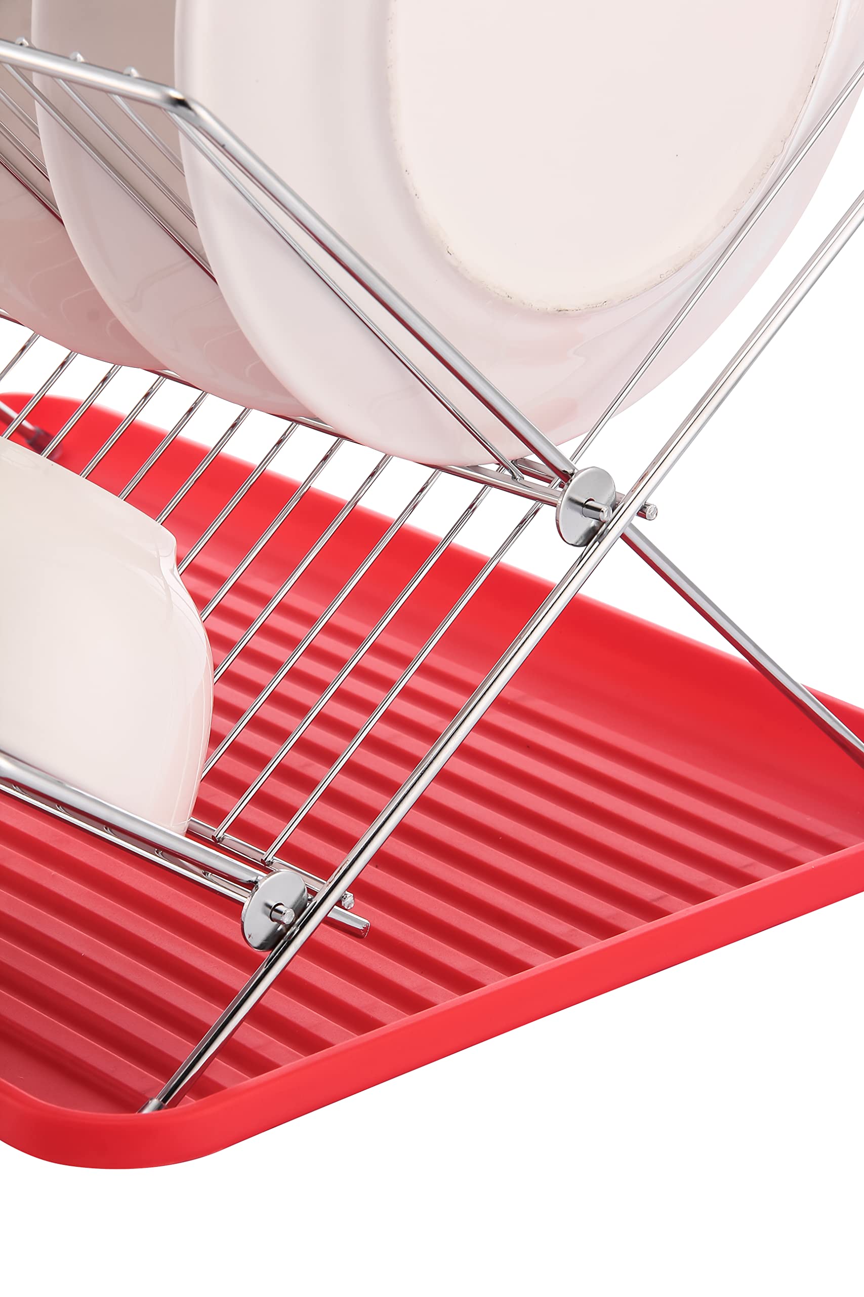 J&V TEXTILES Foldable Dish Drying Rack with Drainboard, Stainless Steel 2 Tier Dish Drainer Rack, Collapsible Dish Drainer, Folding Dish Rack for Kitchen Sink, Countertop, Cutlery, Plates (Red)