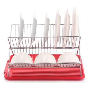 J&V TEXTILES Foldable Dish Drying Rack with Drainboard, Stainless Steel 2 Tier Dish Drainer Rack, Collapsible Dish Drainer, Folding Dish Rack for Kitchen Sink, Countertop, Cutlery, Plates (Red)