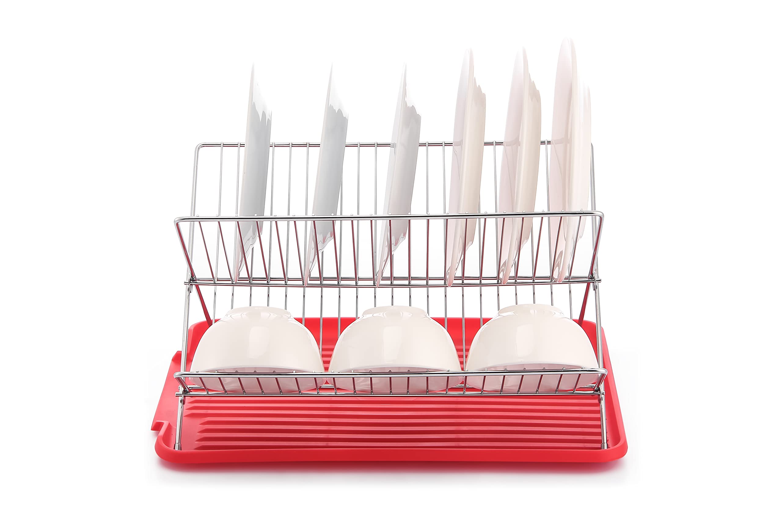 J&V TEXTILES Foldable Dish Drying Rack with Drainboard, Stainless Steel 2 Tier Dish Drainer Rack, Collapsible Dish Drainer, Folding Dish Rack for Kitchen Sink, Countertop, Cutlery, Plates (Red)