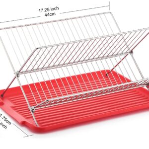 J&V TEXTILES Foldable Dish Drying Rack with Drainboard, Stainless Steel 2 Tier Dish Drainer Rack, Collapsible Dish Drainer, Folding Dish Rack for Kitchen Sink, Countertop, Cutlery, Plates (Red)