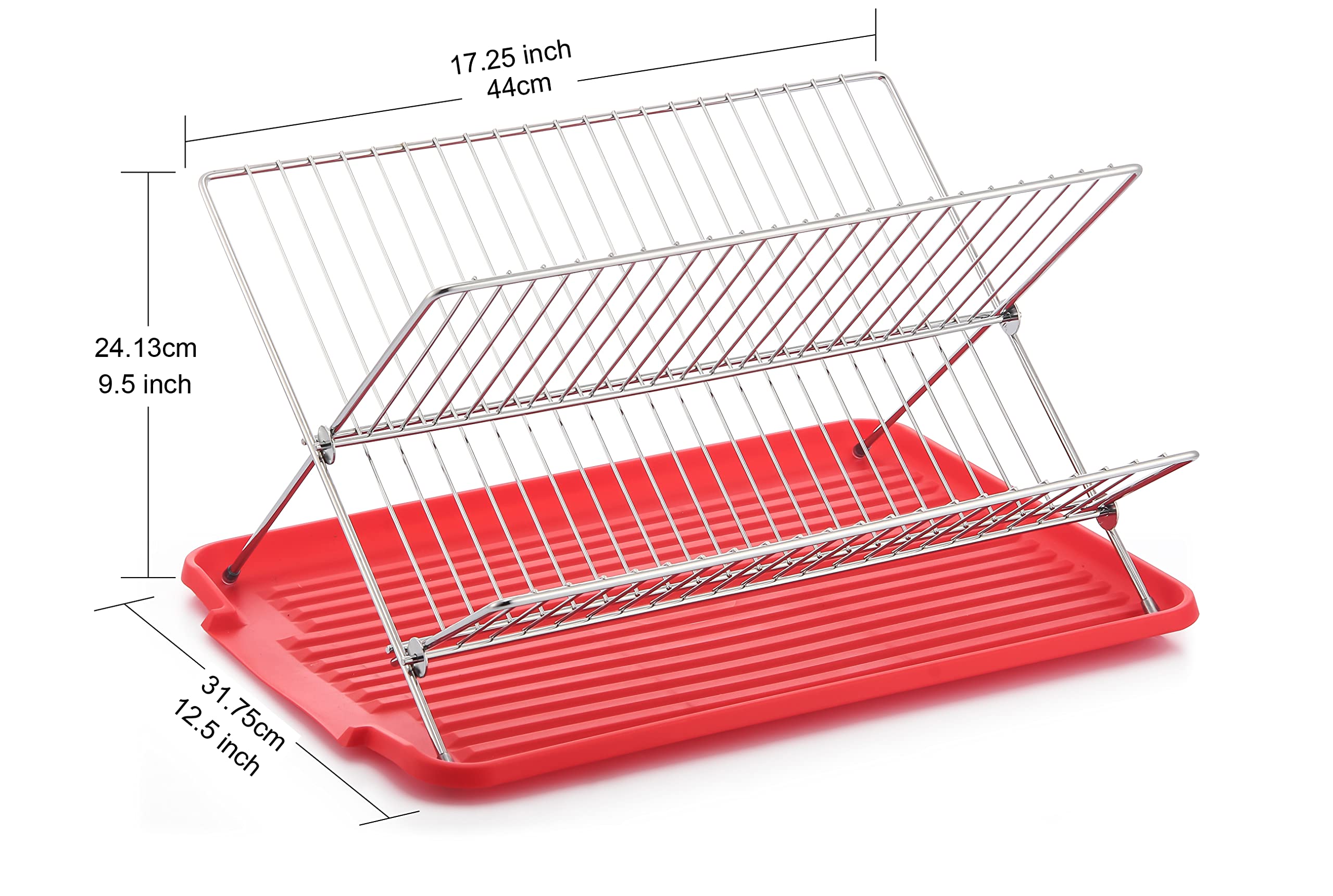 J&V TEXTILES Foldable Dish Drying Rack with Drainboard, Stainless Steel 2 Tier Dish Drainer Rack, Collapsible Dish Drainer, Folding Dish Rack for Kitchen Sink, Countertop, Cutlery, Plates (Red)