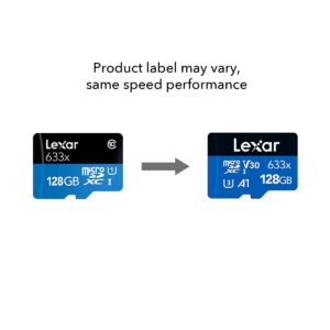 Lexar High-Performance 633x 128GB microSDXC UHS-I Card with SD Adapter, C10, U3, V30, A1, Full-HD & 4K Video, Up To 100MB/s Read, for Smartphones, Tablets, and Action Cameras (LSDMI128BBNL633A)