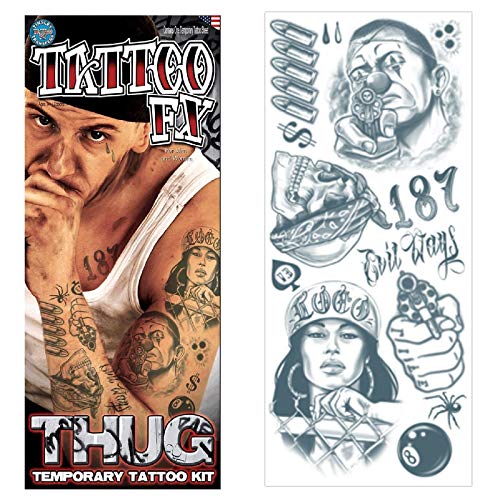 Tinsley Transfers Prison 18 and Life Temporary Tattoo FX Costume Kit (14 Tattoos), Black/White