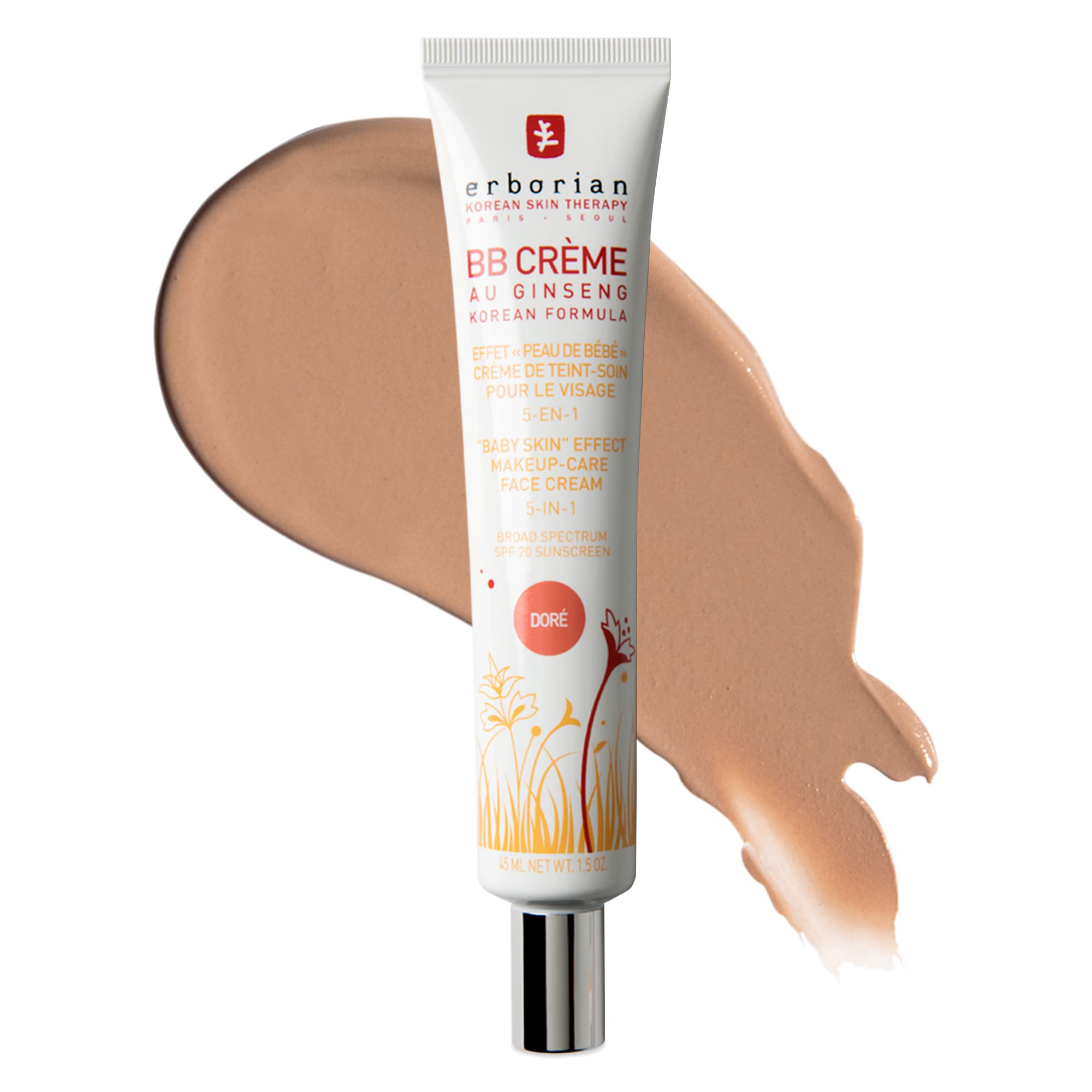 Erborian BB Cream with Ginseng, Tan (Dore) - Lightweight Buildable Coverage with SPF & Ultra-Soft Matte Finish Minimizes Pores & Imperfections - Korean Face Makeup & Skincare - 1.5 Oz