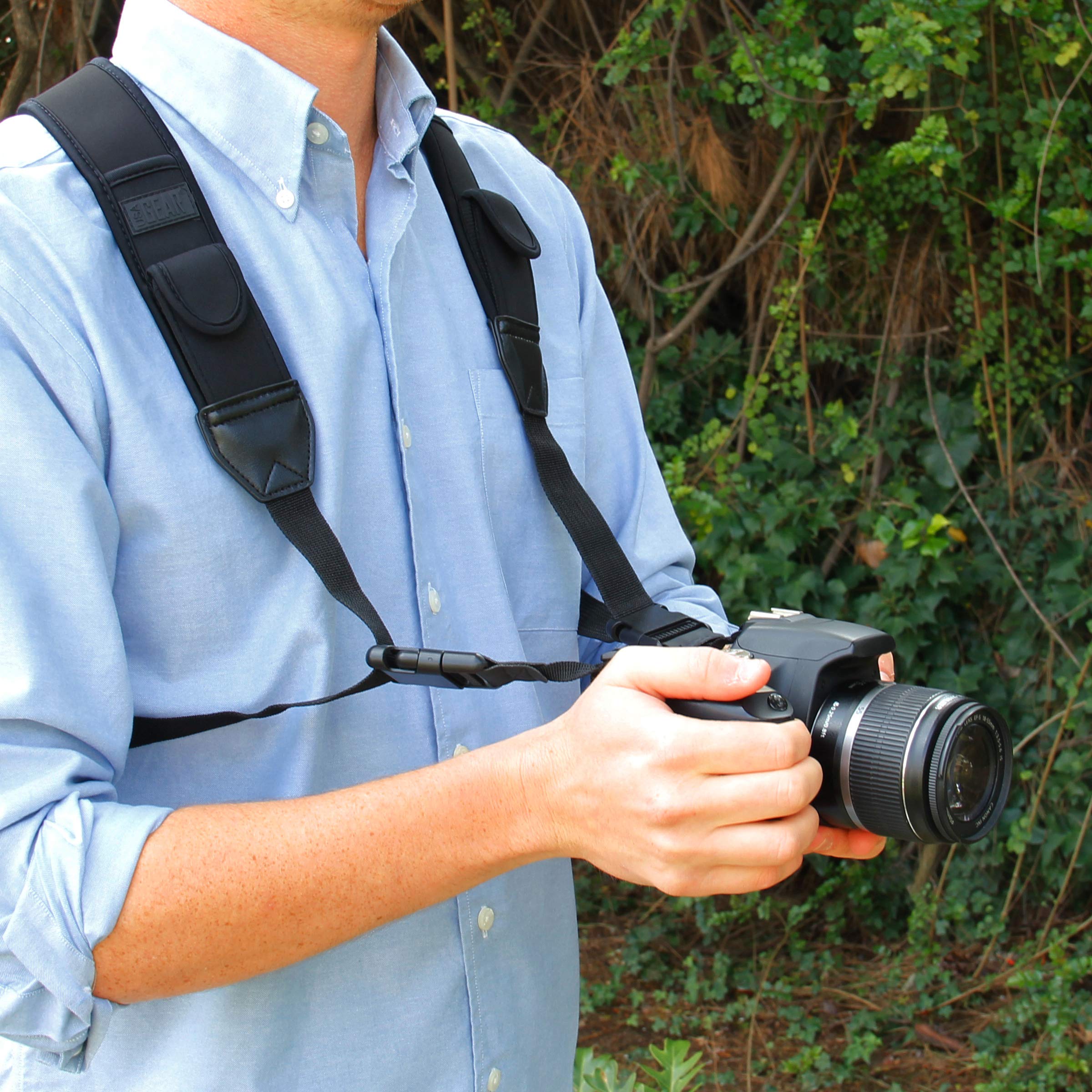 USA GEAR DSLR Camera Strap Chest Harness with Quick Release Buckles, Black Neoprene Pattern and Accessory Pockets - Compatible with Canon, Nikon, Sony and More Point and Shoot and Mirrorless Cameras