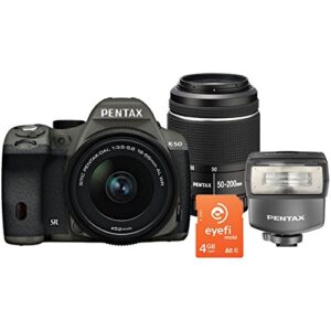 pentax k-50 weatherproof dslr with 18-55mm, 50-200 wr lenses, eyefi card and flash