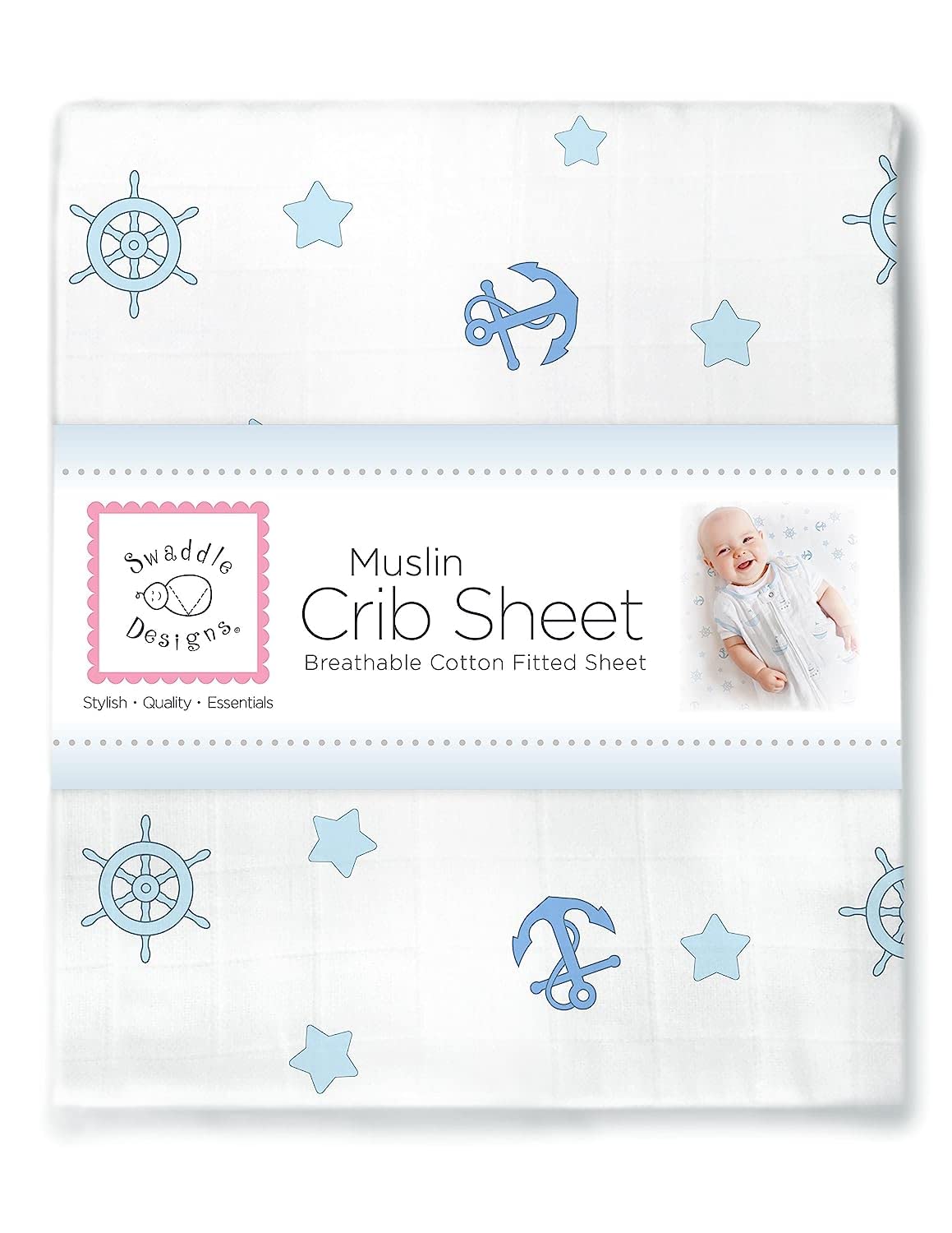 SwaddleDesigns Softest Cotton Muslin Fitted Crib Sheet/Toddler Sheet for Baby Boy & Girl, Pastel Blue Little Ships