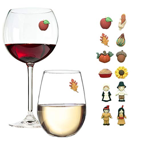 Thanksgiving Magnetic Wine Glass Charms Set of 12 Perfect Drink Markers for Stemless Glasses, Champagne Flutes & More - Great Hostess Gift