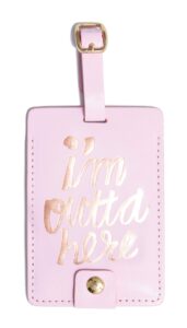 ban.do getaway suitcase tag for travel, pink durable vegan leather luggage identifier, i'm outta here