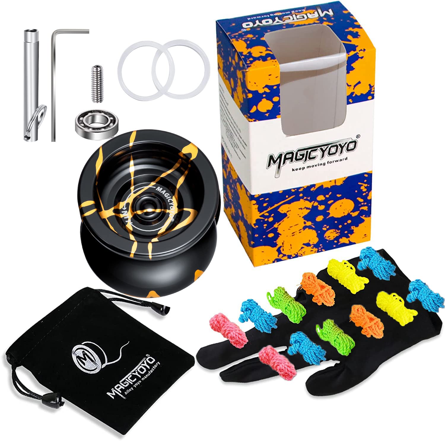 MAGICYOYO N11 Professional Unresponsive Yoyo N11 Alloy Aluminum YoYo Ball (Black with Golden) with Bag, Glove, 12 Yoyo Strings and Responsive Bearing Kit