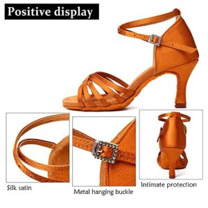 DKZSYIM Women's Satin Latin Dance Shoes Professional Ballroom Salsa Practice Performance Dancing Shoes,213-Brown-7,US 8.5