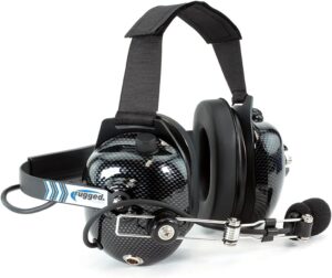 rugged behind the head headset for racing radios features noise reduction volume control knob 3.5mm input jack and 5-pin input jack to connect to a two way handheld radio jumper cable