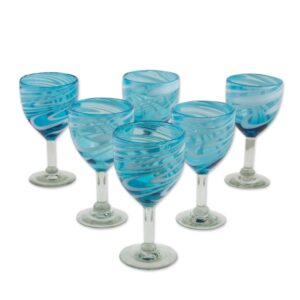 novica blue hand blown glass wine glasses, 12 oz, whirling aquamarine' (set of 6), large