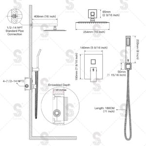 SR SUN RISE SRSH-F5043 Bathroom Luxury Rain Mixer Combo Set Wall Mounted Rainfall Shower Head System Polished Chrome, (Contain Faucet Rough-in Valve Body and Trim)