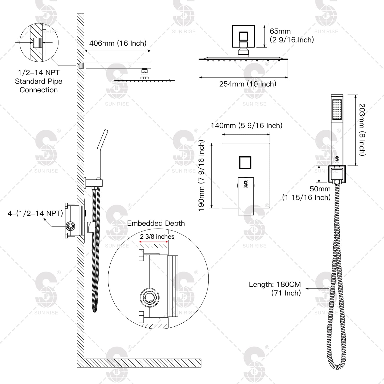 SR SUN RISE SRSH-F5043 Bathroom Luxury Rain Mixer Combo Set Wall Mounted Rainfall Shower Head System Polished Chrome, (Contain Faucet Rough-in Valve Body and Trim)