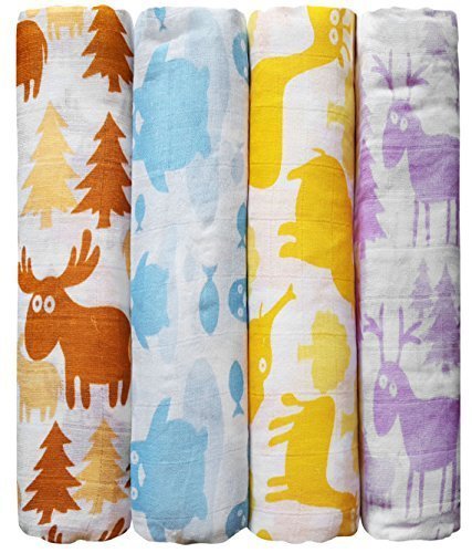 CuddleBug Muslin Baby Swaddle Blankets for Boys and Girls Size Large 4 x 4 Feet – Muslin Cotton 4 Pack (Colorful Critters)