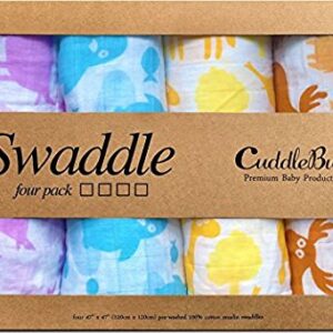 CuddleBug Muslin Baby Swaddle Blankets for Boys and Girls Size Large 4 x 4 Feet – Muslin Cotton 4 Pack (Colorful Critters)